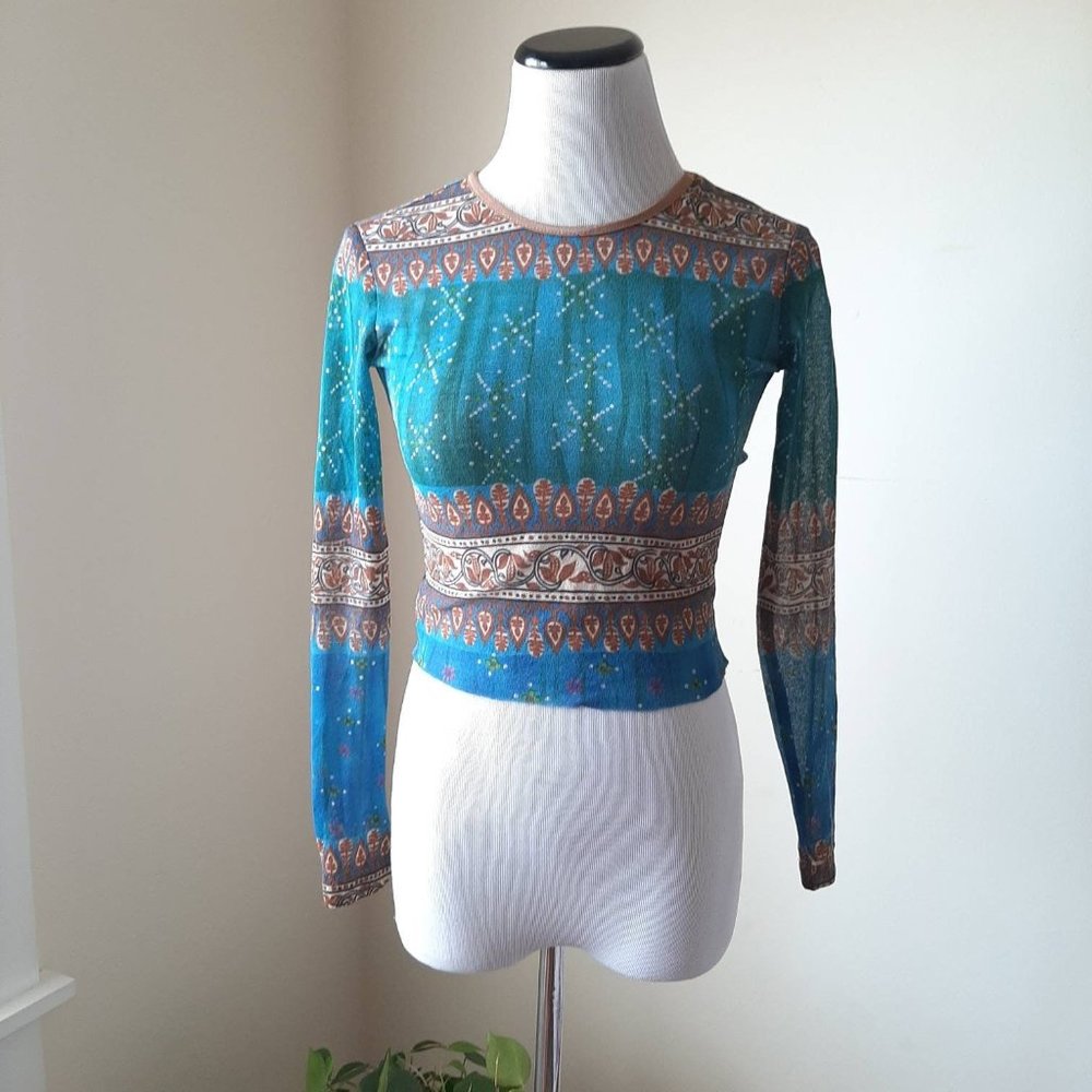 90s Y2k Sheer Second Skin Hippy Boho Printed Long Sle… - Gem